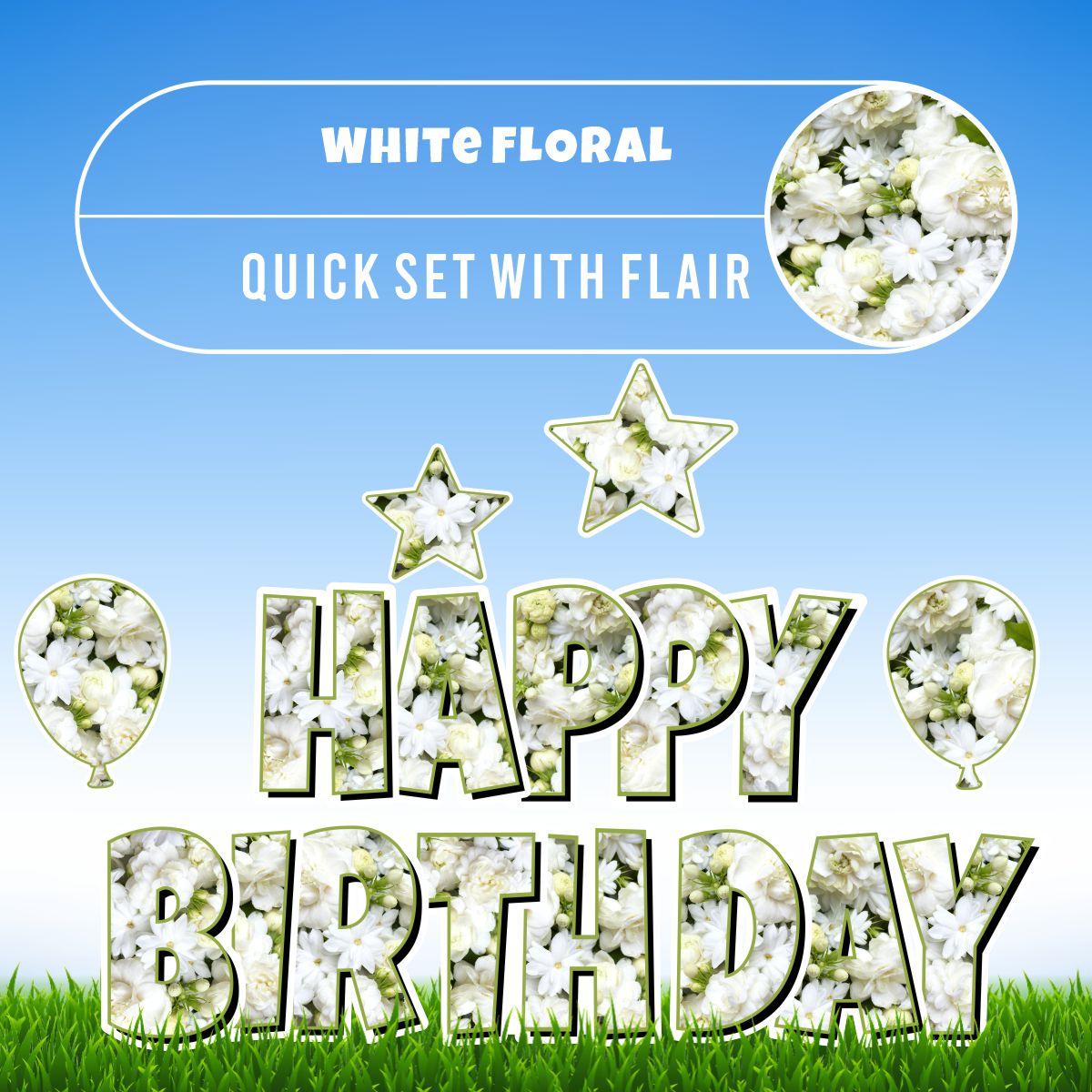 White Floral HBD | Quick Set | For Yard Decor | SignWay